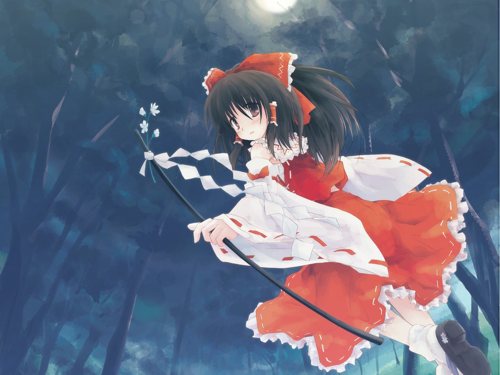 Wallpaper Hakurei Reimu Girl Brunette Dress Flying Moon