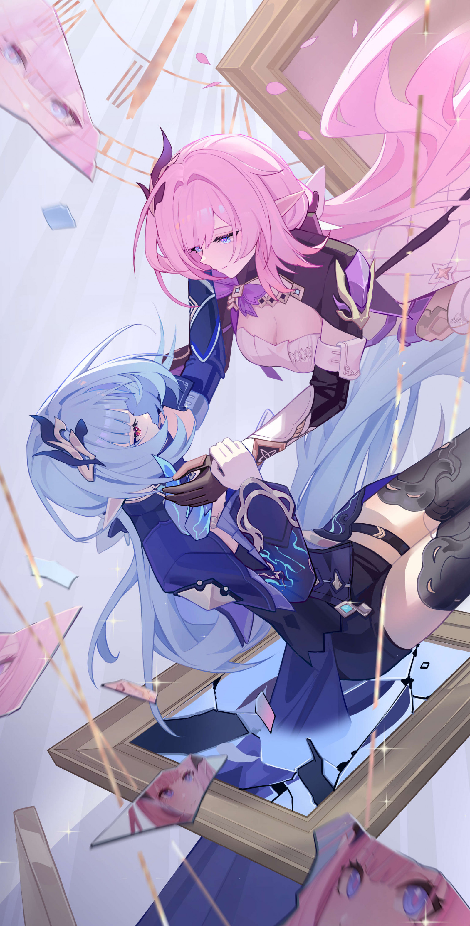 壁纸 动漫女孩 Pixiv Honkai Impact 3rd Elysia Honkai Impact 3rd 长发 肖像显示 镜子 相框 星星 Pointy Ears