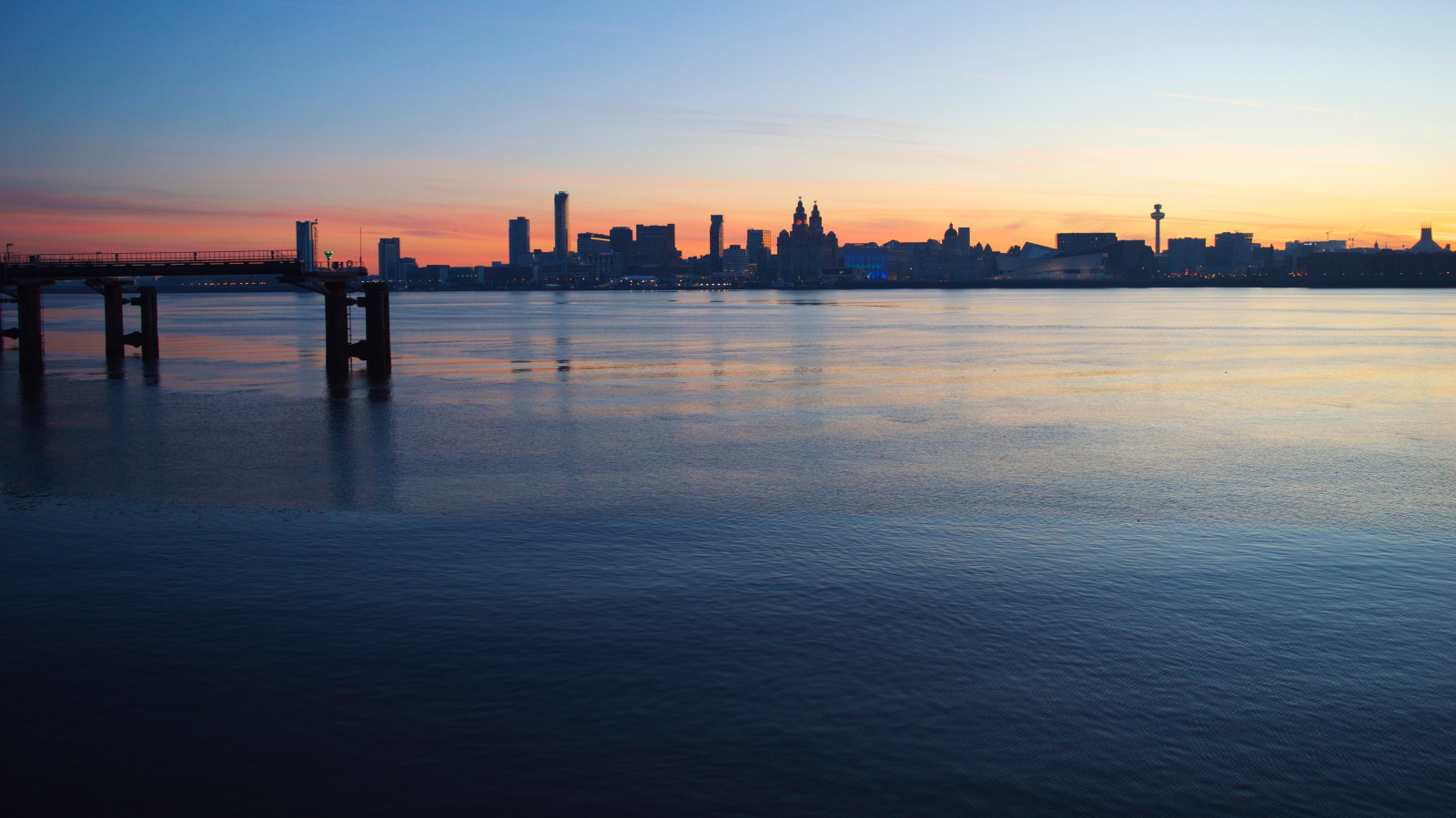 Baggrunde : solopgang, daggry, Mersey, Liverpool, skyline, silhuet ...