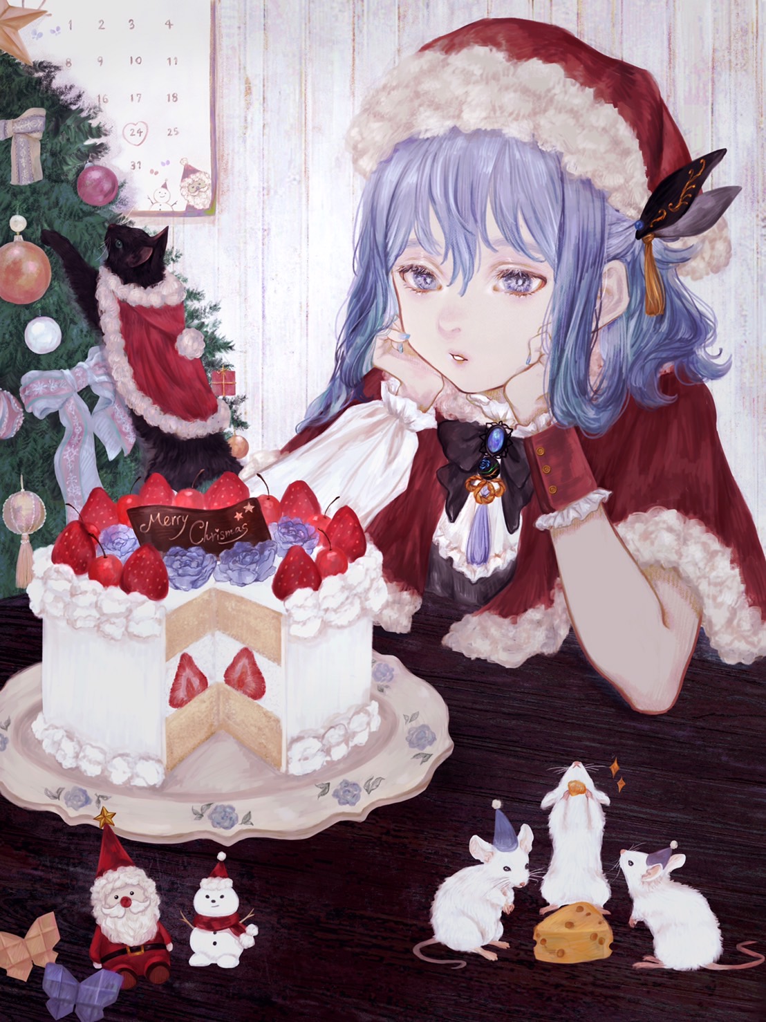 Tapety : ciel, KAMITSUBAKI, anime dívky, santa klobouky, dort, jahody ...