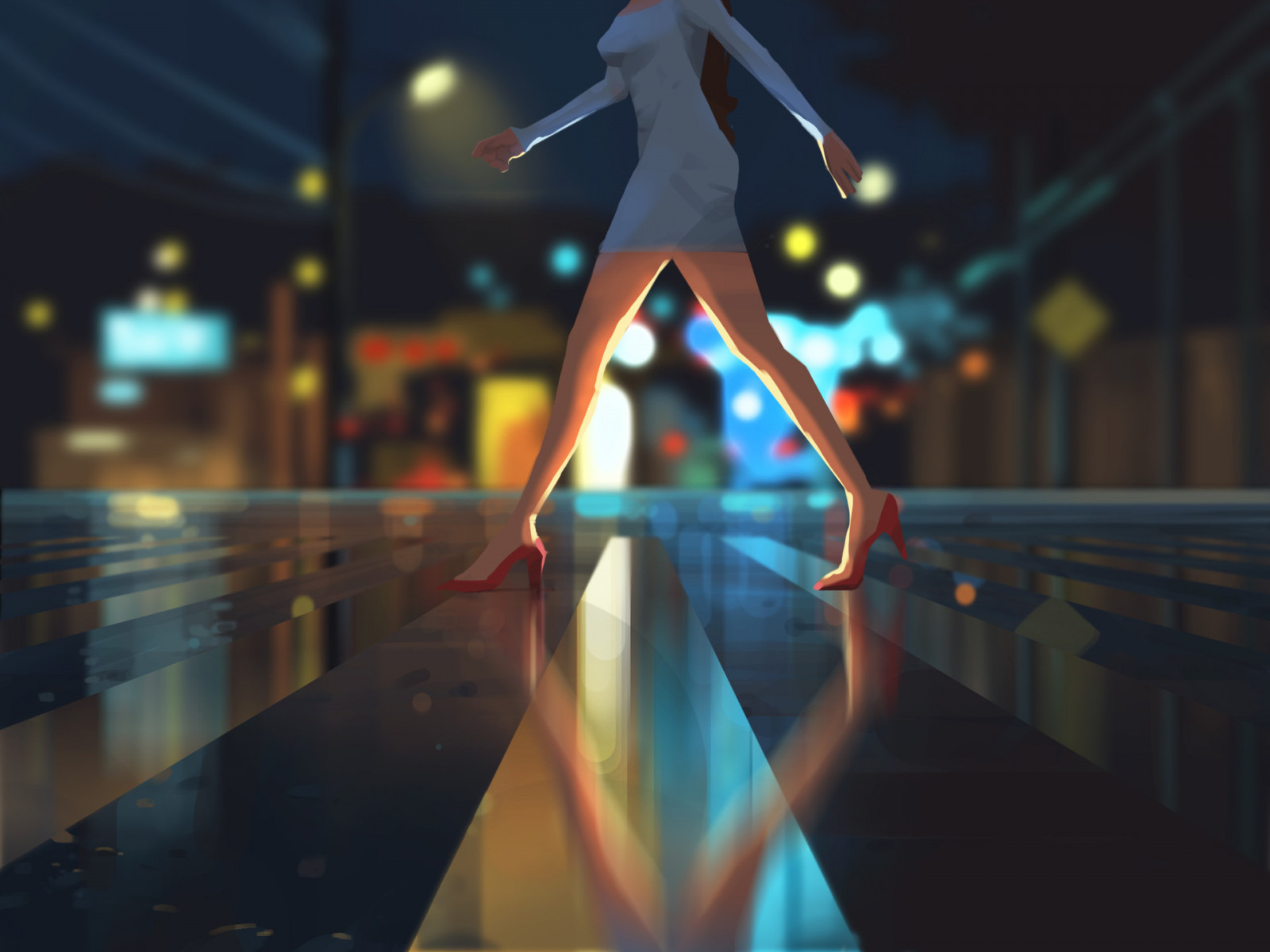 Wallpaper : Shin jong hun, lukisan, wanita, jalan, malam, gaun ...