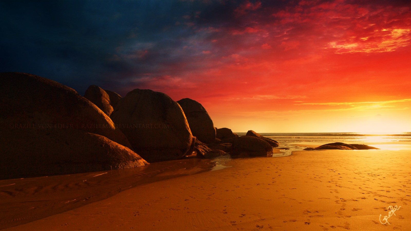 Wallpaper Sunlight Sunset Sea Rock Sand Reflection Sky Beach