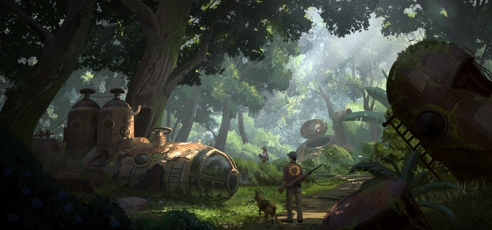 Wallpaper : artwork, digital art, trees, nature, dog, steampunk ...