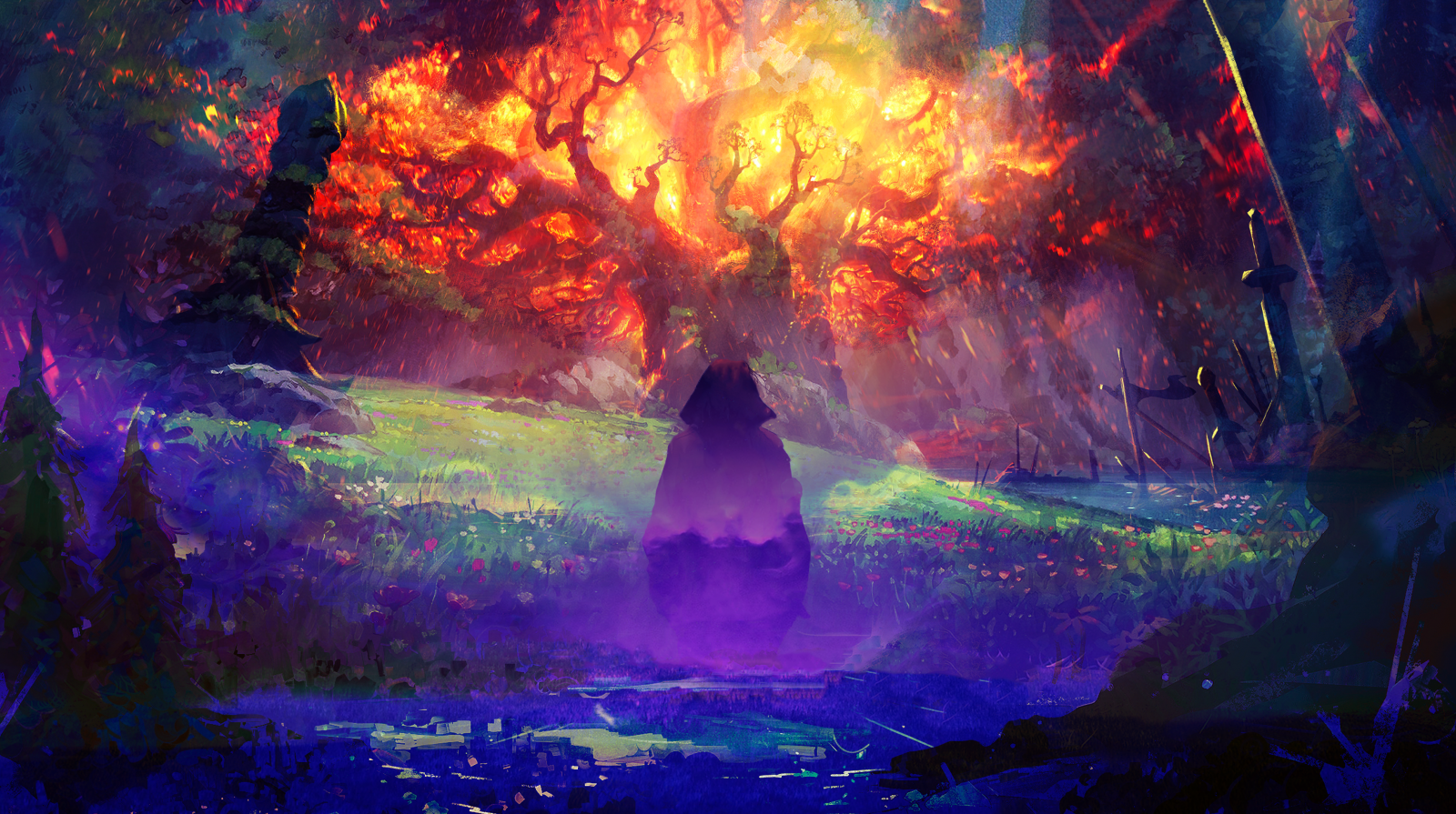 Wallpaper : landscape, lake, tree bark, fire tree, fantasy art, digital ...