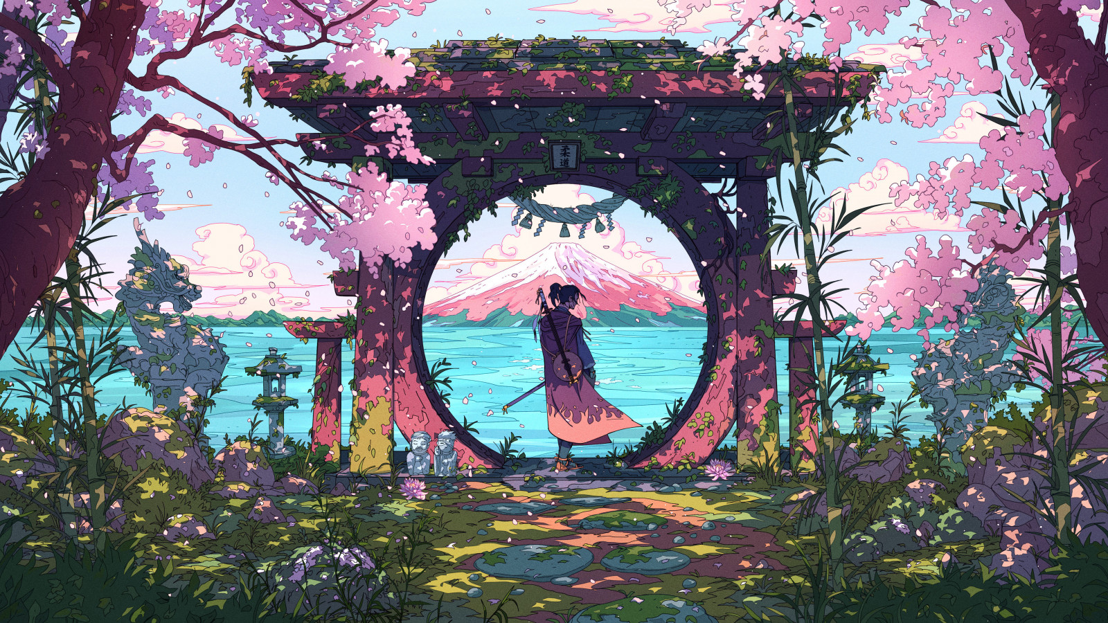 Tapety : samuraj, digitální umění, mount Fuji, Japonsko, nebe, stromy ...