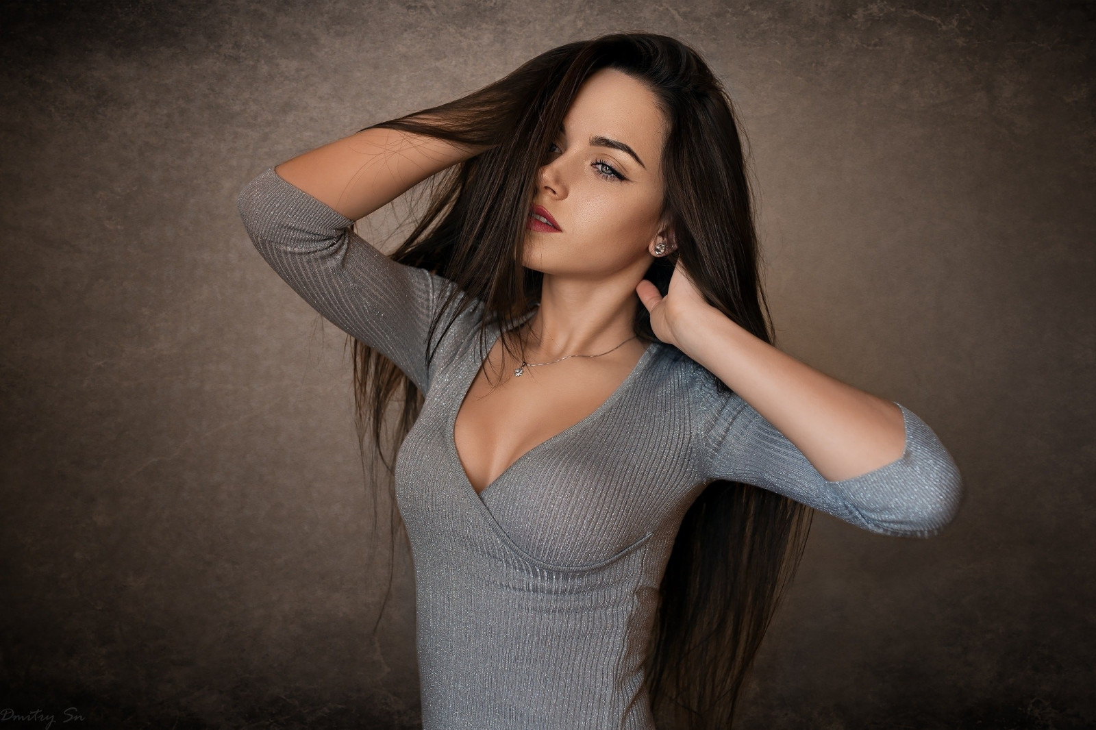 Wallpaper Women Simple Background Long Hair Black Hair Hands On