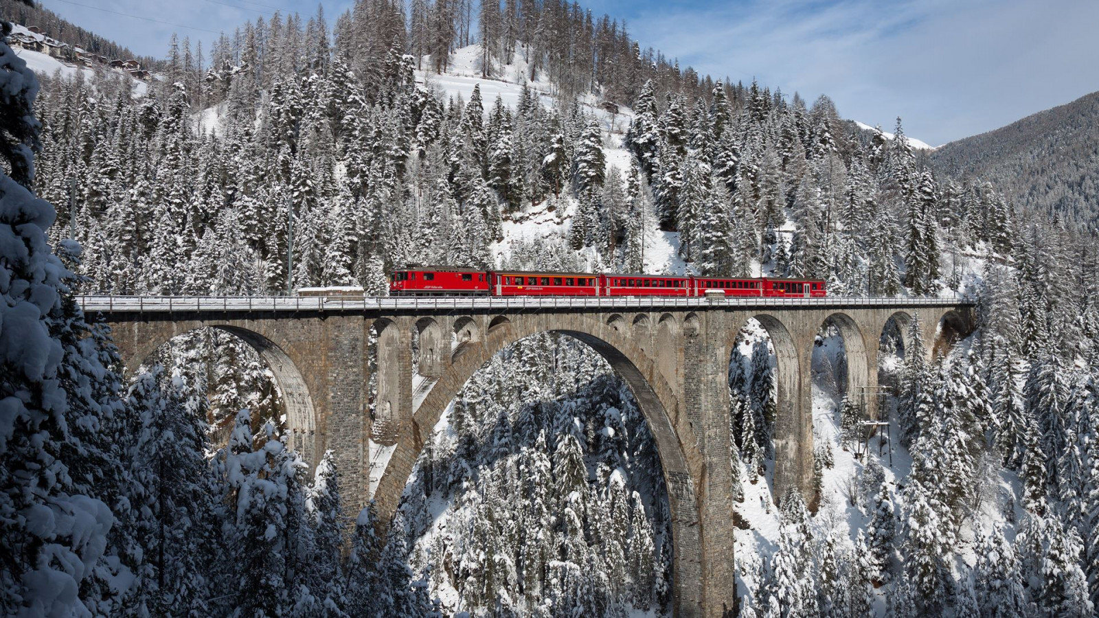 Wallpaper : mountains, snow, train, red, Switzerland, Wiesen Viaduct ...