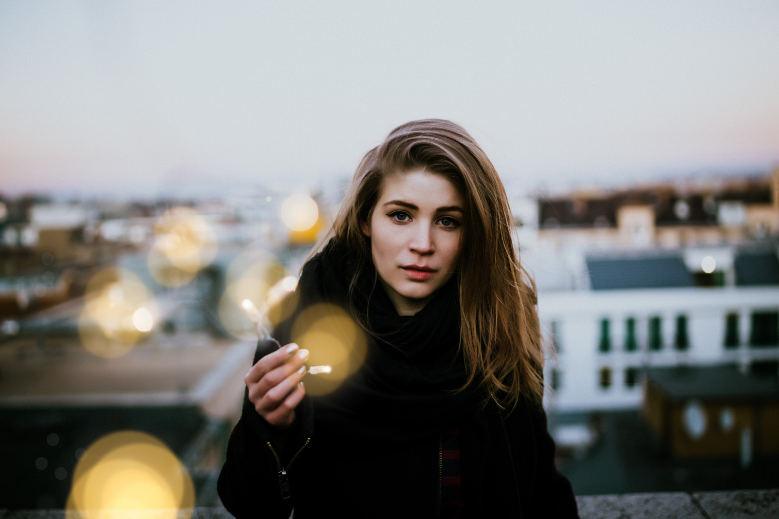 Wallpaper Women Brunette Brown Eyes Scarf Looking At Viewer