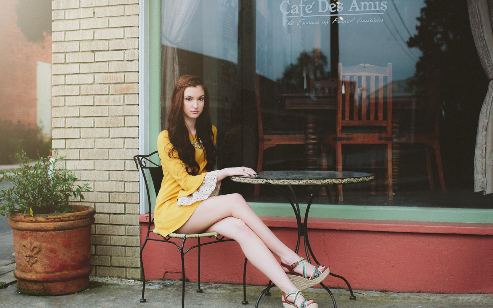 Wallpaper Women Redhead Long Hair Red Legs Sitting Table Dress