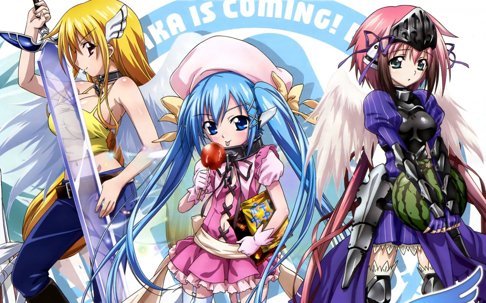 วอลเปเปอร์ : Sora no Otoshimono, หญิงสาว, น่ารัก, ยิ้ม, ลูกอม, แตงโม ...