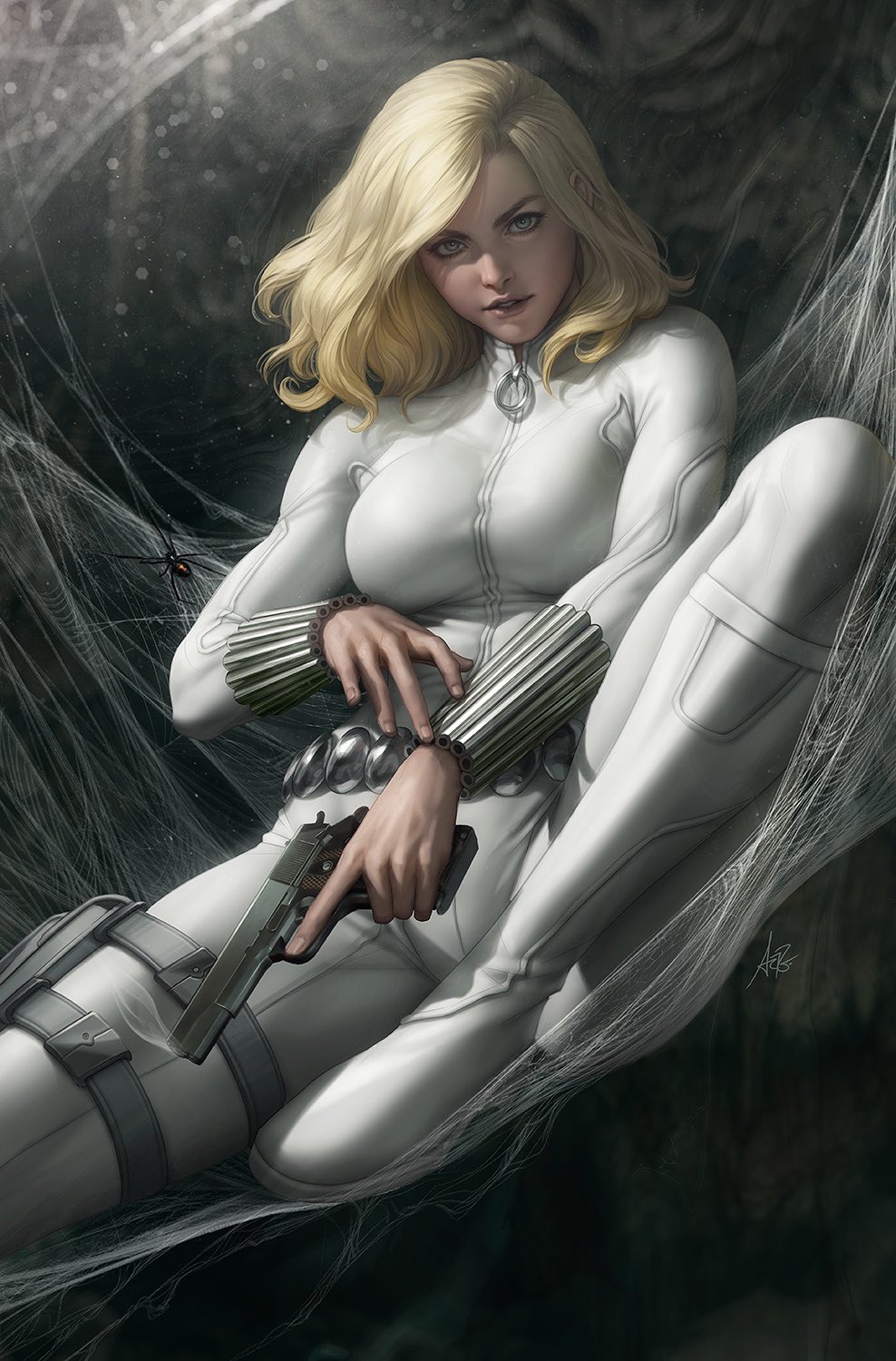 壁纸 : 漫画漫画, 紧身衣裤, 肖像显示, 武器, 黑寡妇, 蜘蛛网, 看着观众, 靴子, Yelena Belova, 坐着, 灰色的眼睛 ...