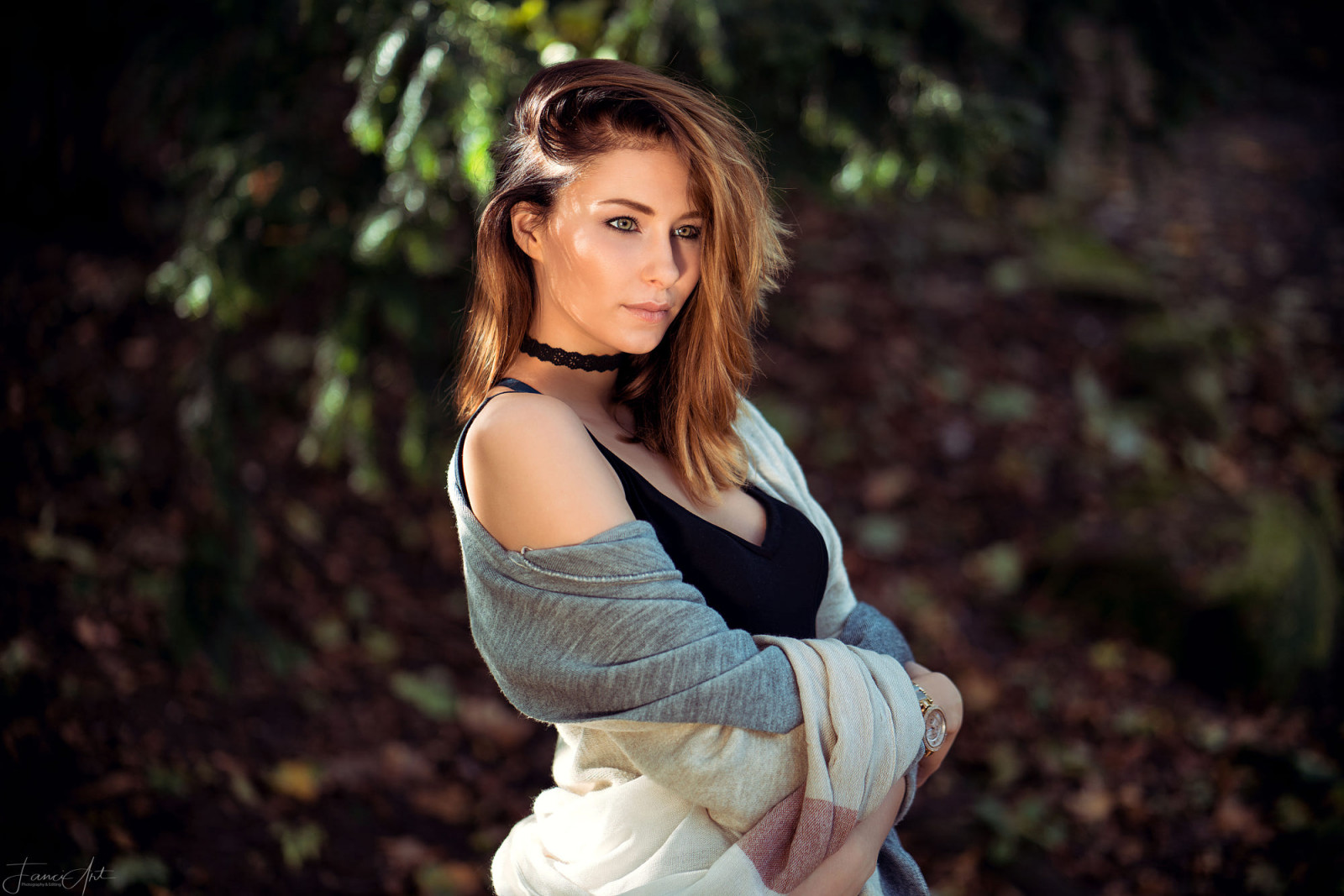 Wallpaper Brunette Women Outdoors Choker Green Eyes Portrait