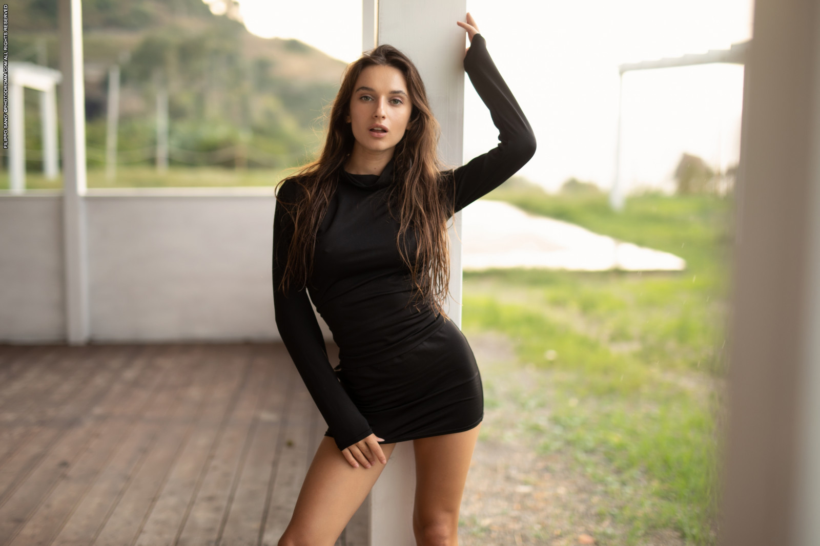 Wallpaper Gloria Sol Brunette Depth Of Field Black Dress
