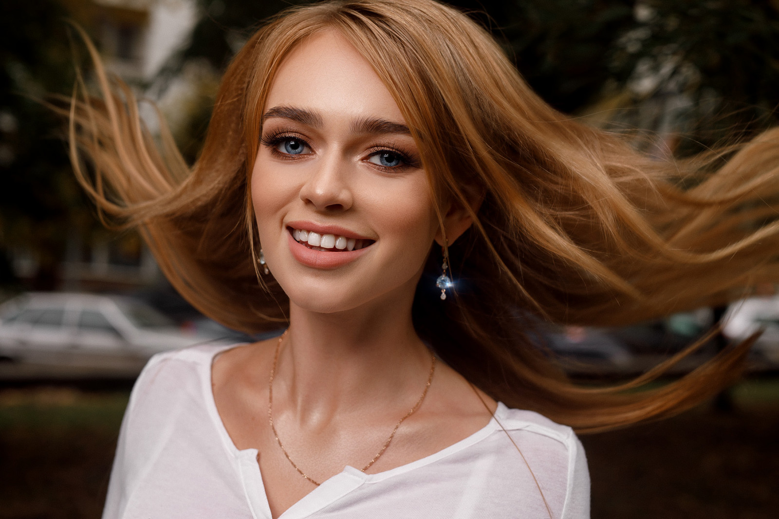 Wallpaper Model Blonde Blouse Smiling Looking At Viewer Gray