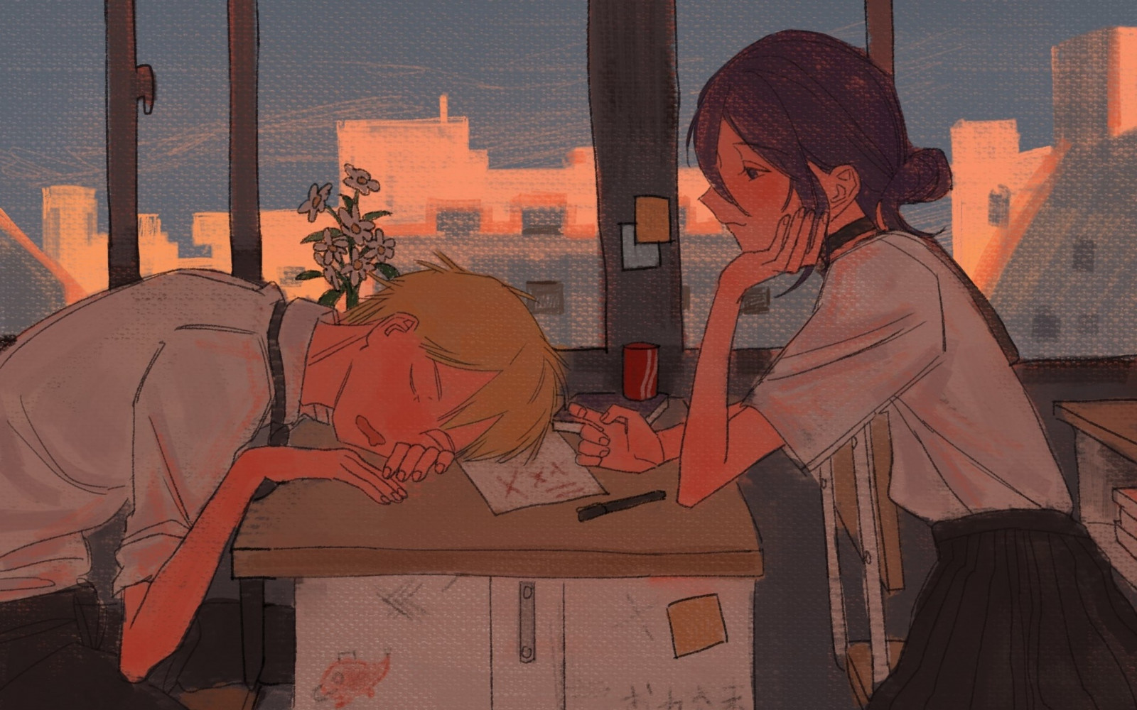 Wallpaper Chainsaw Man Denji Chainsaw Man Reze Chainsaw Man Dark Hair Blonde Sleeping