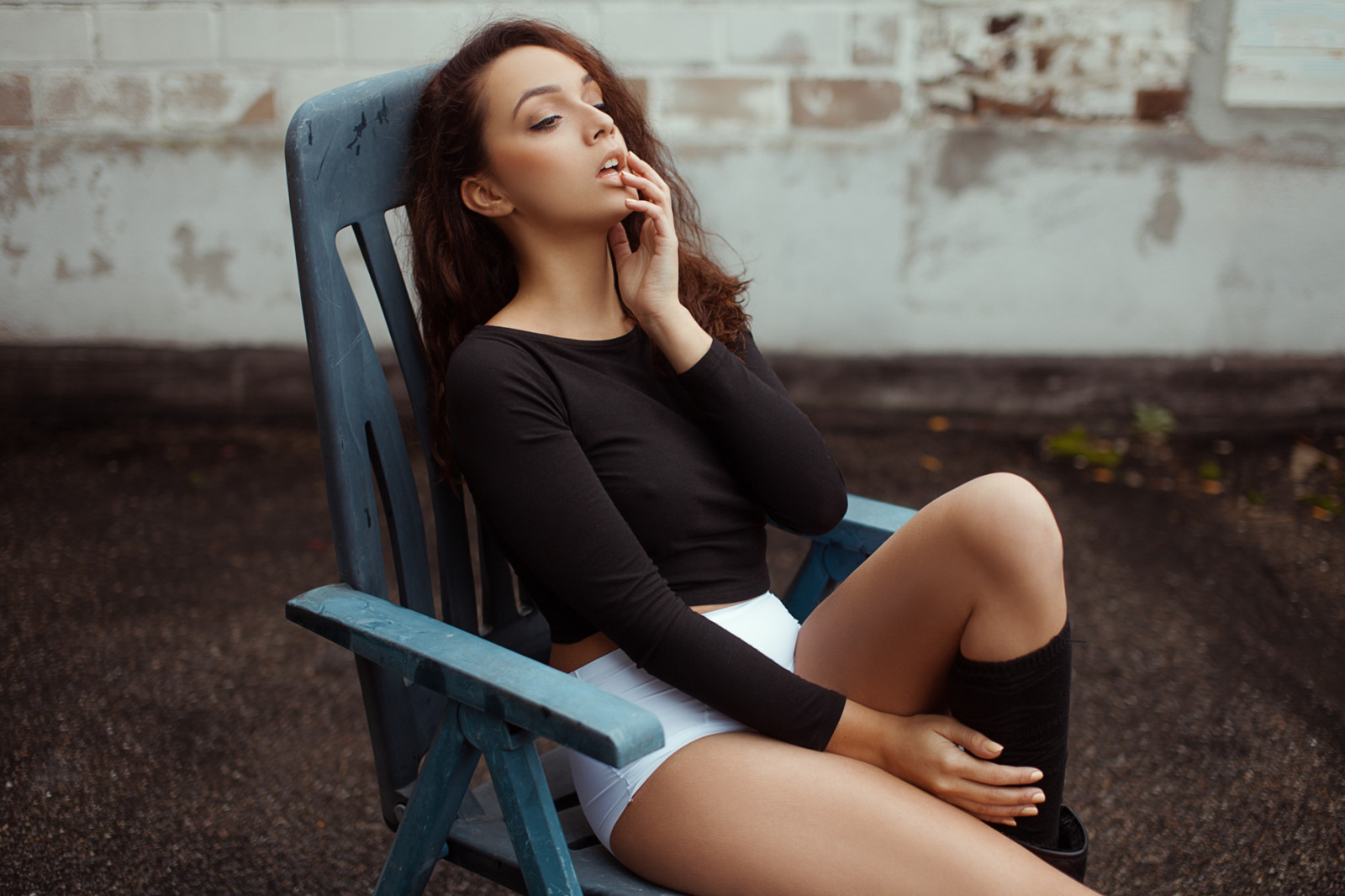 Wallpaper Women Chair Black Stockings Sitting Finger On Lips