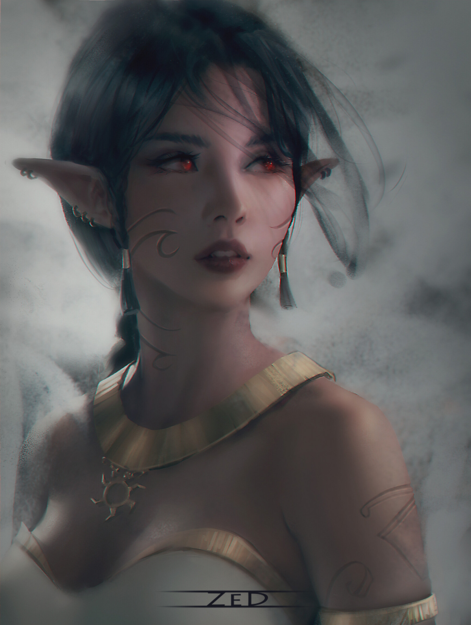 배경 화면 : Trungbui, 그림, 여자들, 검은 머리카락, 빨간 눈, 보석류, 금, 목걸이, pierced ear ...