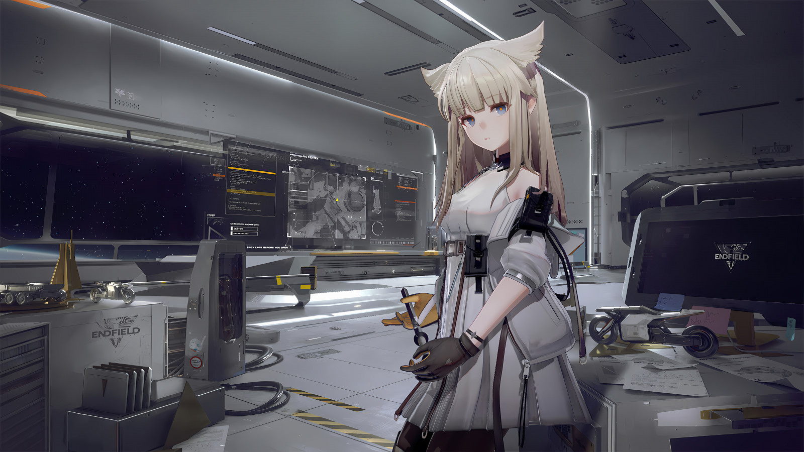 배경 화면 : Arknights, anime games, 애니메이션 소녀들, 검, 흰 머리카락, 동물 귀 7680x4320 ...