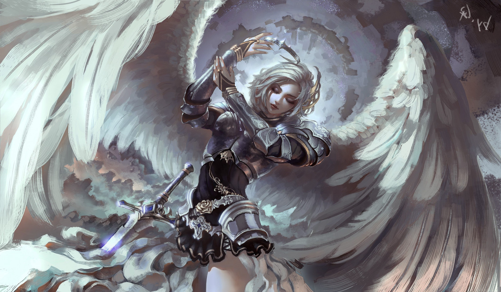 Wallpaper : 3000x1753 px, angel, armor, fantasy art, gray, wings ...