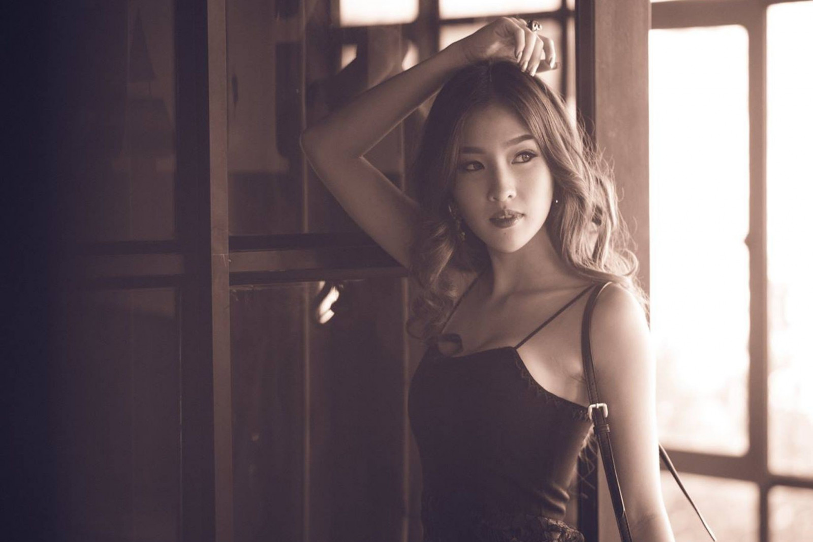 Wallpaper Black Long Hair Asian Sitting Dress Sepia Fashion