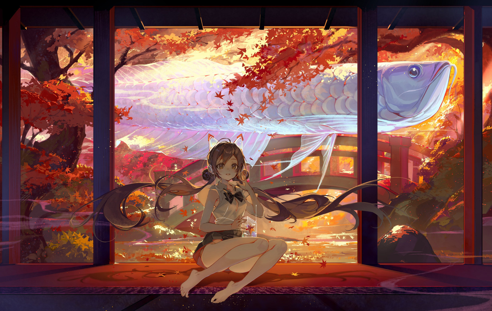 Wallpaper : AkiZero, anime girls, fish, long hair, brunette, brown eyes ...