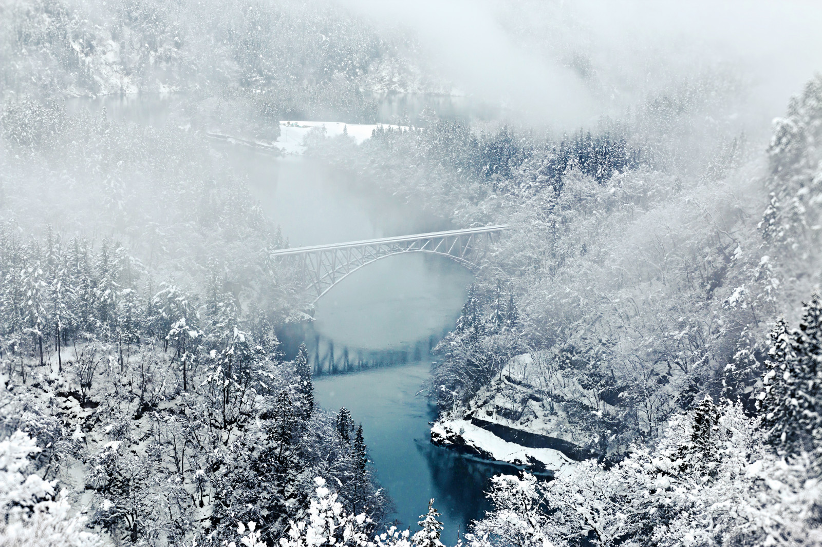 Wallpaper : snow, river, bridge, Japan, valley, mist 3502x2334 ...