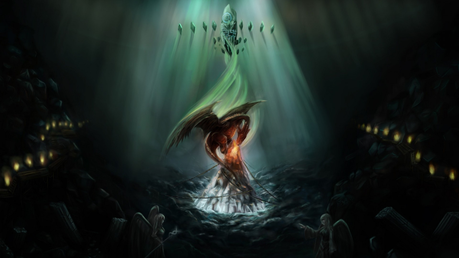 Wallpaper : digital art, fantasy art, dark, stones, wings, angel, fire ...