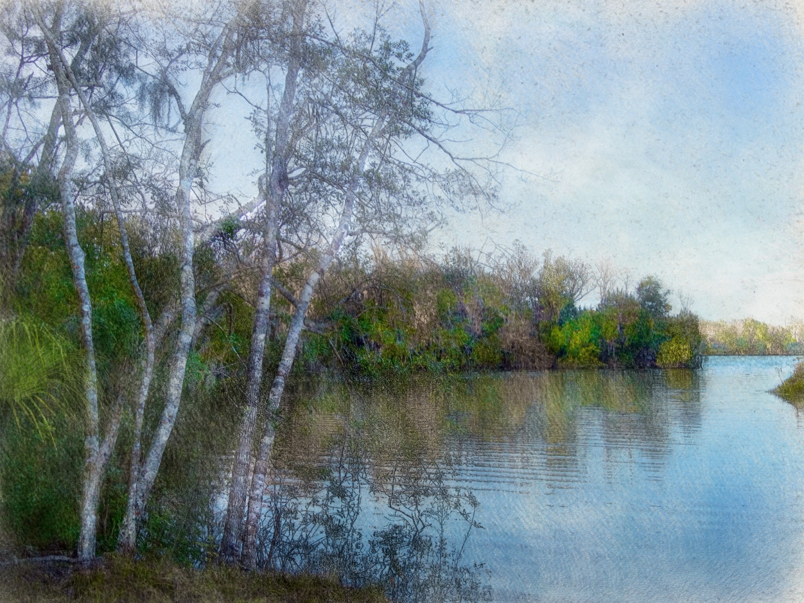 Wallpaper : landscape, painting, lake, reflection, sky, winter, branch ...