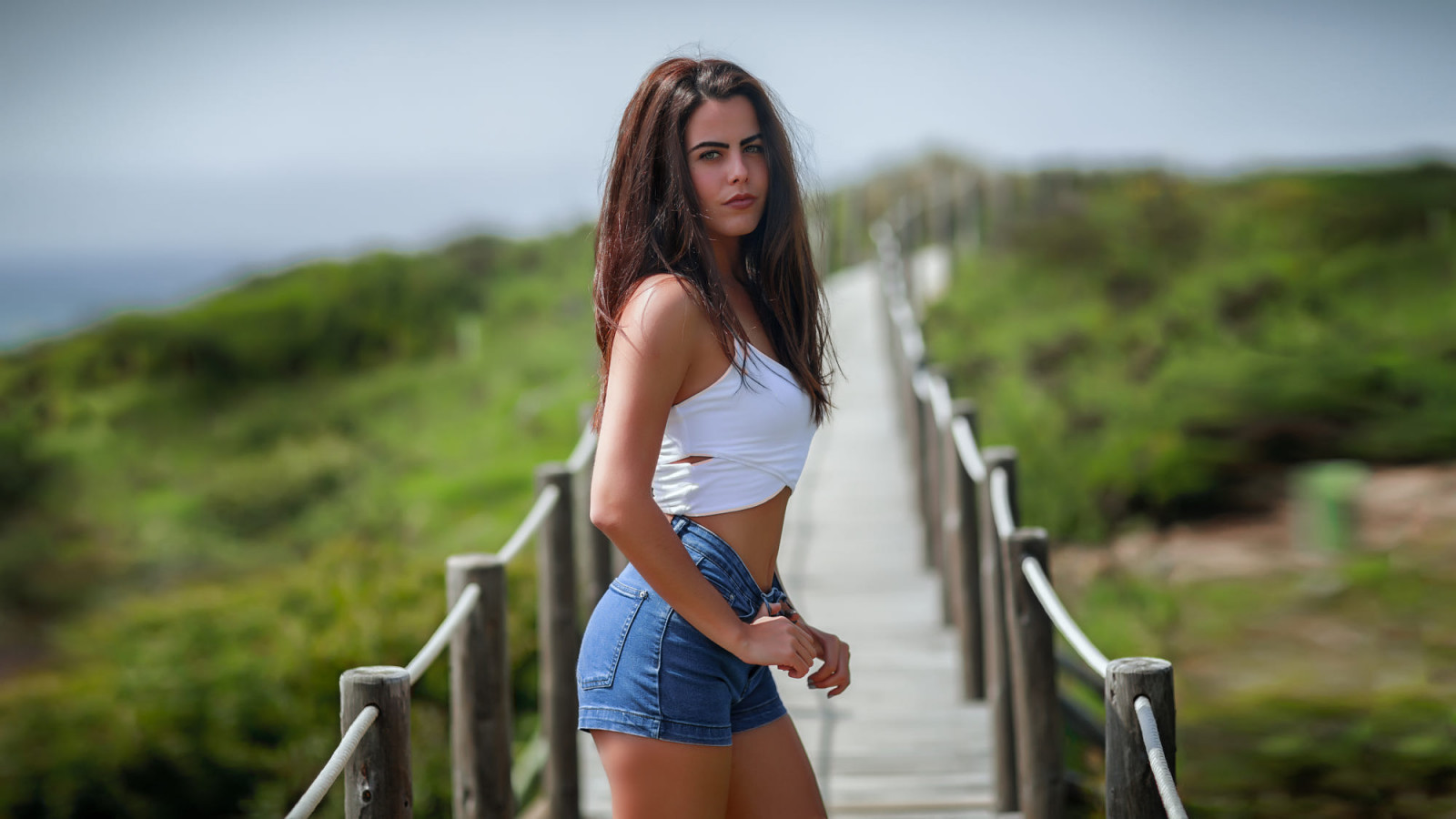 Wallpaper Brunette Women Outdoors Bridge Short Tops Long Hair