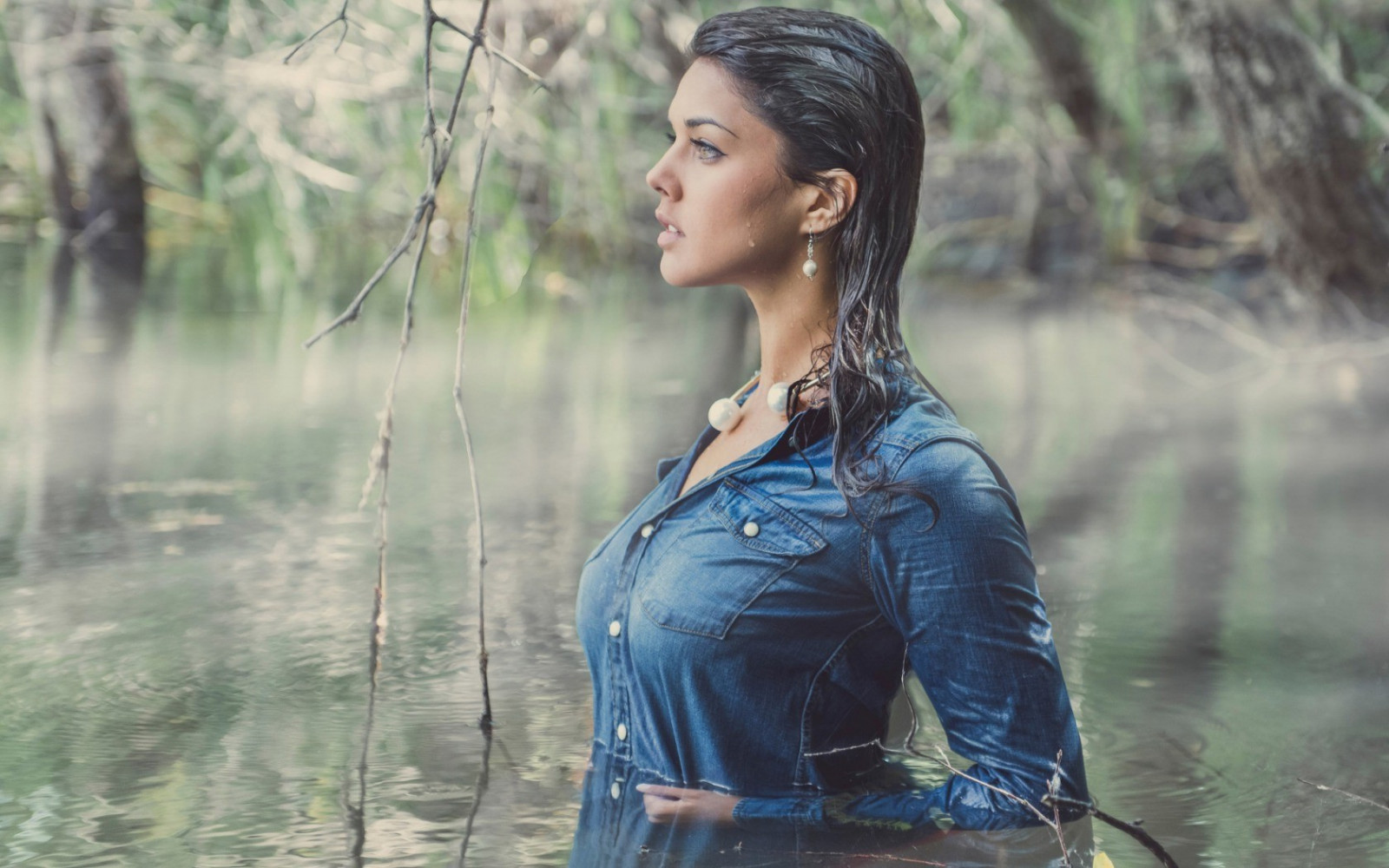 Wallpaper : forest, women, model, water, nature, brunette, dress ...