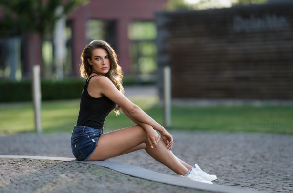 Wallpaper Women Sitting Jean Shorts Sneakers Tanned Depth Of