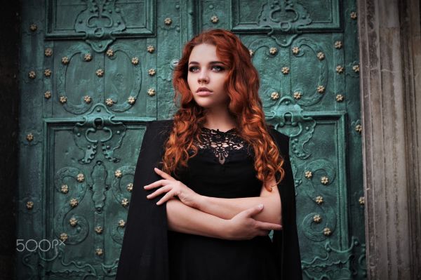 Wallpaper Redhead Long Hair Wavy Hair Blue Eyes Eyeshadow Dress