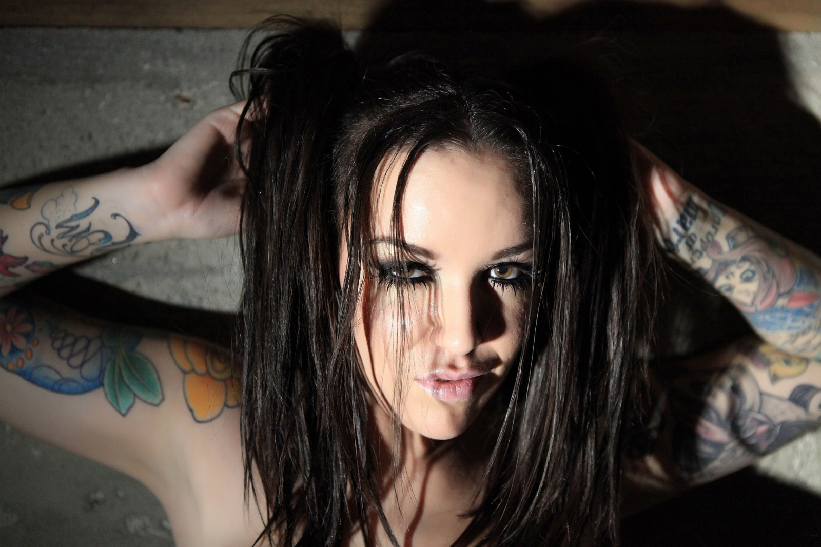 배경 화면 얼굴 여자들 모델 갈색 머리의 구성하다 문신 립스틱 겨드랑이 흑발 갈색 눈 머리에 손을 대다 아이 라이너 사람 소녀 아름다움 팔